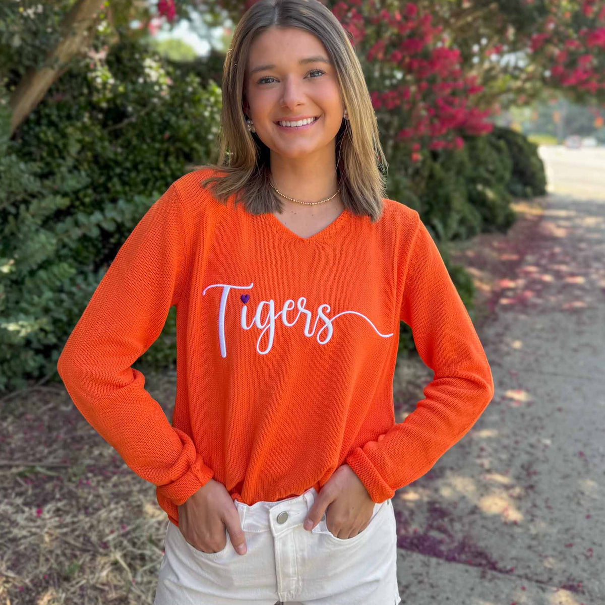 V-Neck Tigers Sweater With Purple Heart – True Orange Boutique